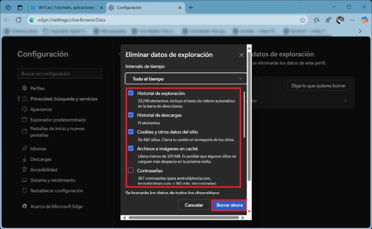 Cómo eliminar el historial de navegación de Edge en Windows 11